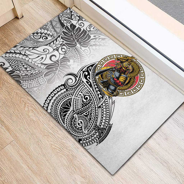 Japanese Samurai Warrior Rubber Doormat White Polynesian Tattoo Style LT9