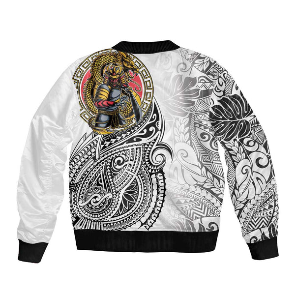 Japanese Samurai Warrior Sleeve Zip Bomber Jacket White Polynesian ...