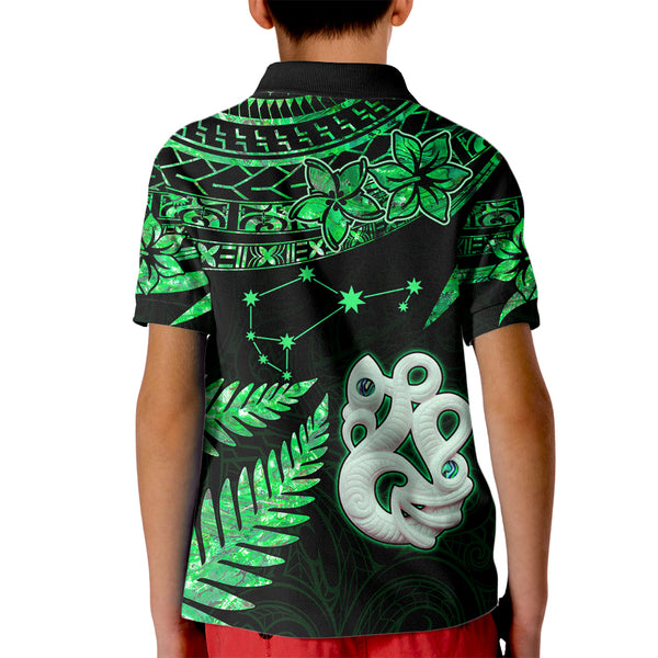 Maori Kid Polo Shirt Matariki Stars Manaia with Paua Shell - Green LT9