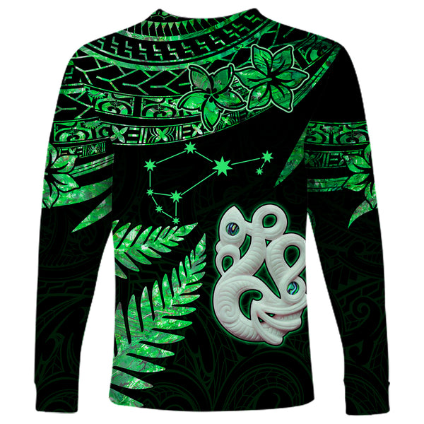 Maori Long Sleeve Shirt Matariki Stars Manaia with Paua Shell - Green LT9