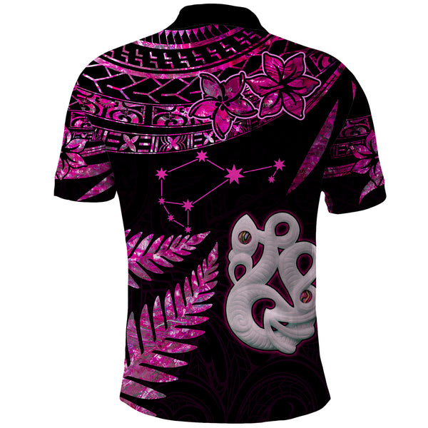 Custom New Zealand Polo Shirt Matariki NZ Manaia with Paua Shell Pink LT9