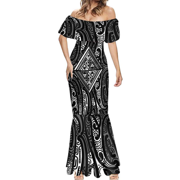 New Zealand Maori Taniko Mermaid Dress Black Kowhaiwhai Puhoro LT9