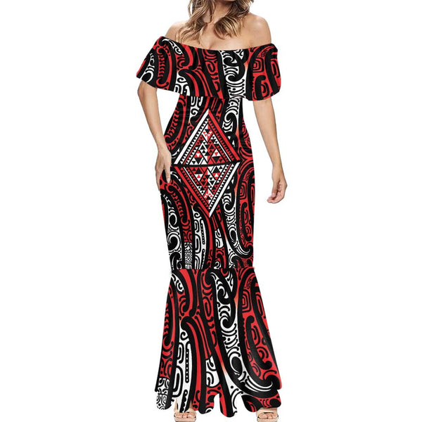 New Zealand Maori Taniko Mermaid Dress Red Kowhaiwhai Puhoro LT9