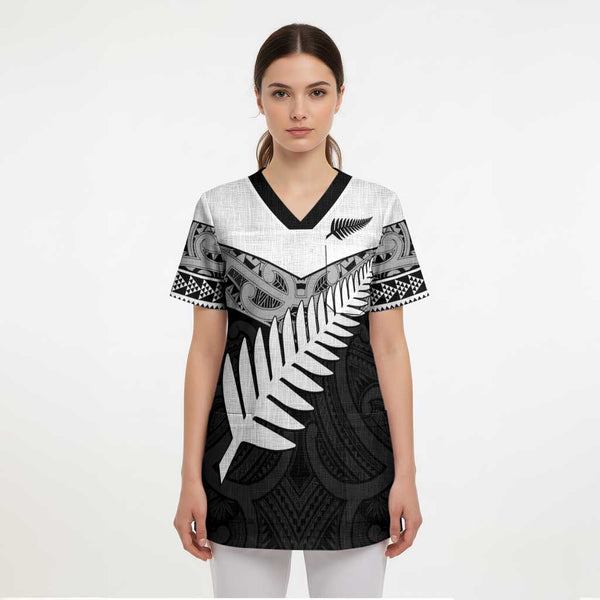 New Zealand Silver Fern Scrub Top Maori Koru Mixed Taniko Pattern LT9