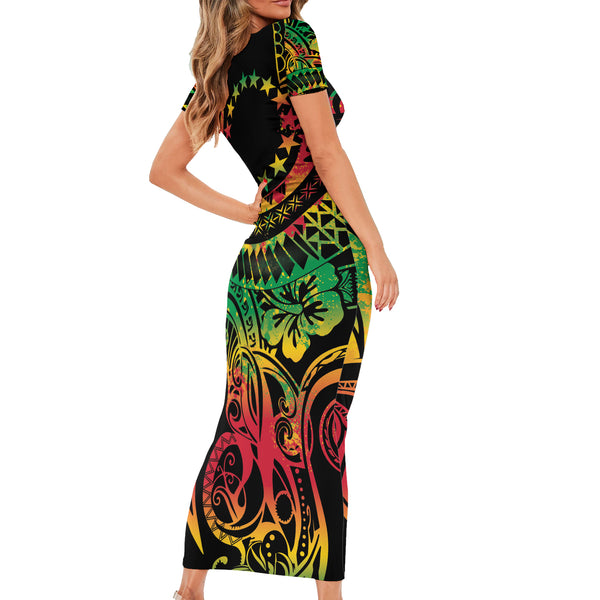 Cook Islands 15 Stars Short Sleeve Bodycon Dress Kuki Airani Polynesian ...