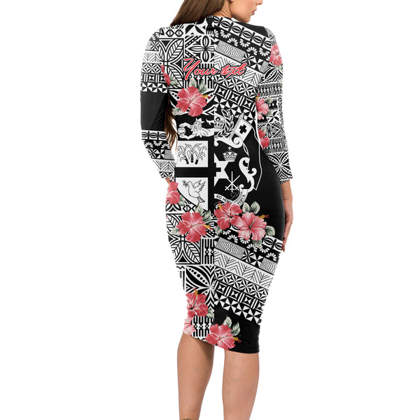Fiji Tonga Coat of Arm Personalised Long Sleeve Bodycon Dress With Masi ...