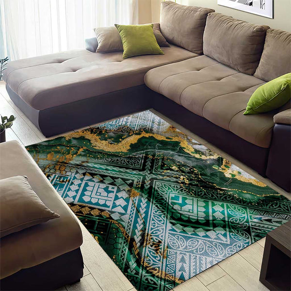 Polynesian Tribal Tattoo Area Rug Green Marble Pattern LT9