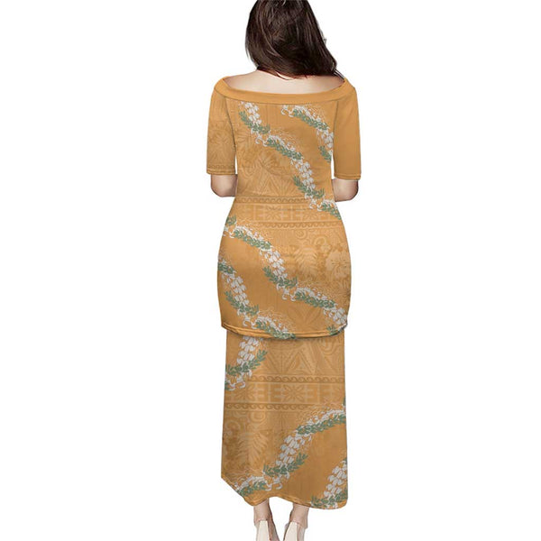 Aloha Pakalana and Puakenikeni Lei Puletasi Gold Hawaiian Pattern LT9