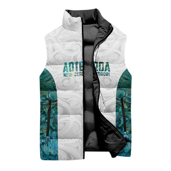 Custom New Zealand Aotearoa Sleeveless Puffer Jacket Green Maori Paua ...