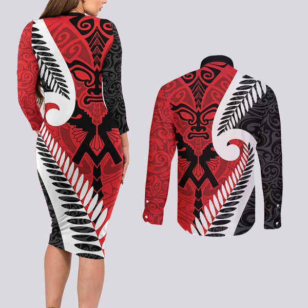 Silver Fern Koru Swirls with Maori Ta Moko Couples Matching Long Sleeve ...