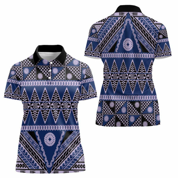 Vintage Bula Fiji Women Polo Shirt Prussian Blue Tapa Masi Motif LT9