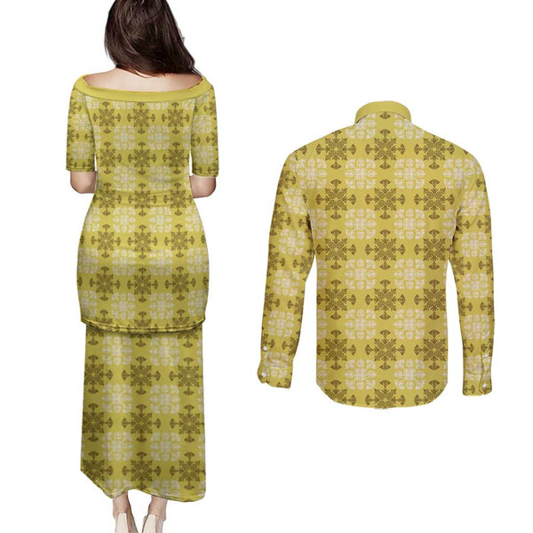 Yellow Hawaiian Quilt Couples Matching Puletasi and Long Sleeve Button ...