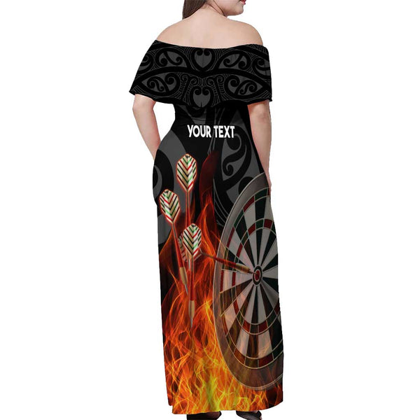 Personalised Aotearoa Darts Off Shoulder Maxi Dress Maori Koru Flaming ...
