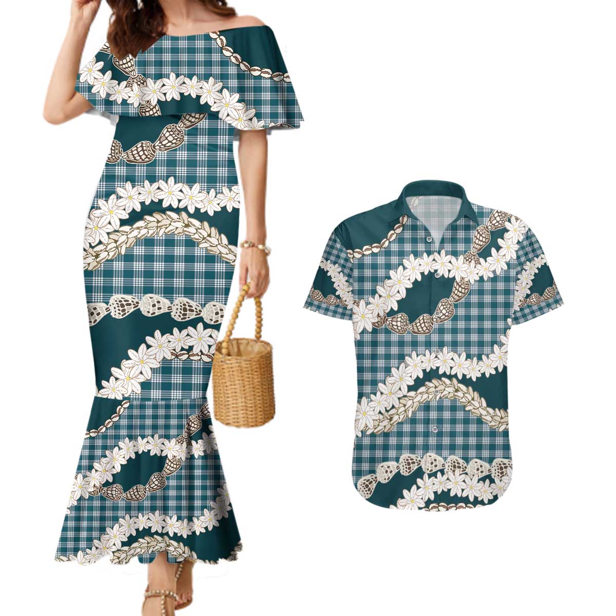 Dark Cyan Hawaii Tiare and Shell Lei Couples Matching Mermaid Dress and ...