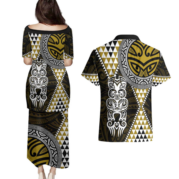 Yellow Aotearoa Niho Taniwha Couples Matching Puletasi and Hawaiian ...