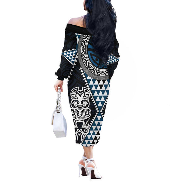 Blue Aotearoa Niho Taniwha Off The Shoulder Long Sleeve Dress Maori ...