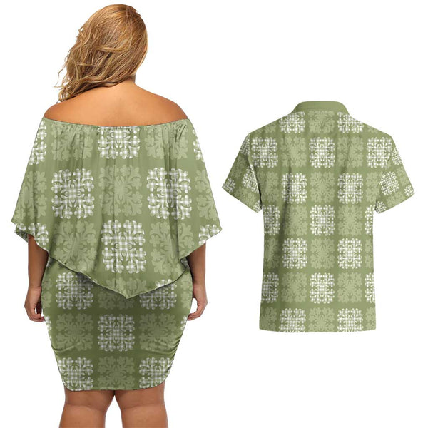 Vesuvian Green Palaka Quilt Hawaii Couples Matching Off Shoulder Short ...