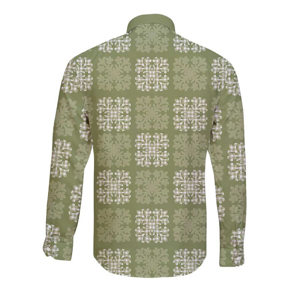 Vesuvian Green Palaka Quilt Hawaii Long Sleeve Button Shirt Traditional ...