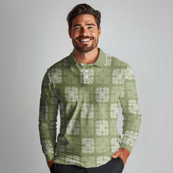 Vesuvian Green Palaka Quilt Hawaii Long Sleeve Polo Shirt Traditional ...