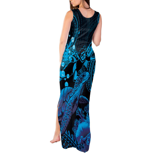Blue Aloha Hawaii Tank Maxi Dress Snorkeling With Sea Turtle Polynesian ...