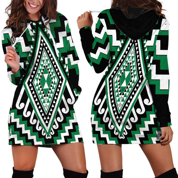 Green Aotearoa Taniko Poutama Patikitiki Hoodie Dress LT14