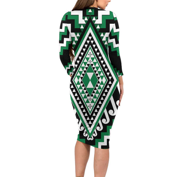 Green Aotearoa Taniko Poutama Patikitiki Long Sleeve Bodycon Dress LT14