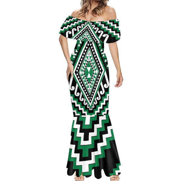 Green Aotearoa Taniko Poutama Patikitiki Mermaid Dress LT14