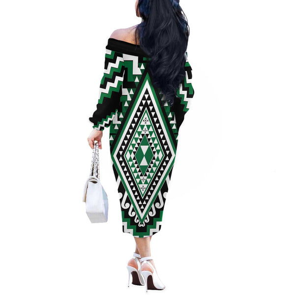 Green Aotearoa Taniko Poutama Patikitiki Off The Shoulder Long Sleeve ...