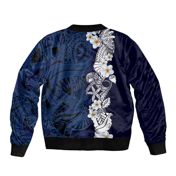 Blue Samoa Tattoo Bomber Jacket Plumeria Samoan Ocean Tatau Pattern LT14