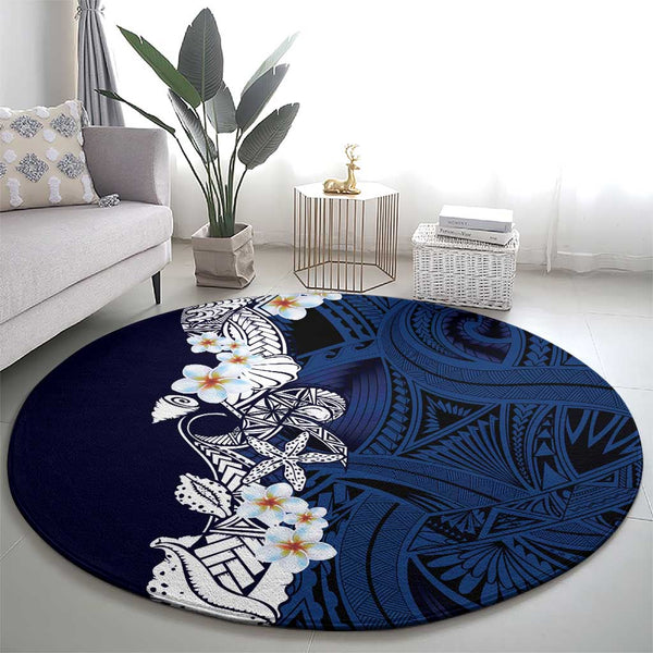 Blue Samoa Tattoo Round Carpet Plumeria Samoan Ocean Tatau Pattern LT14