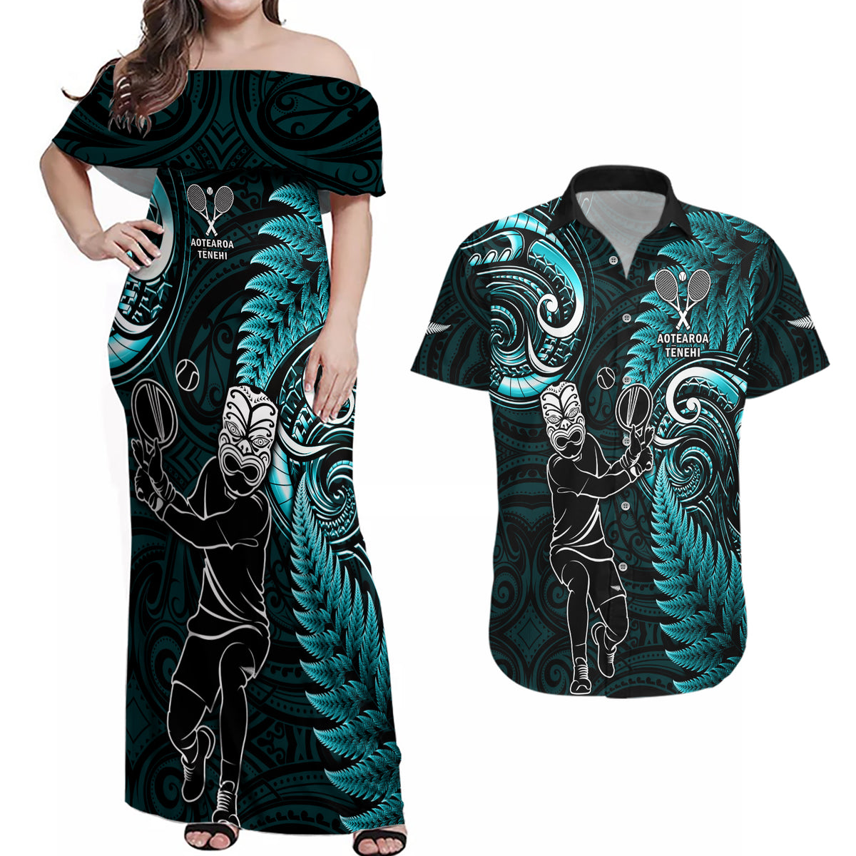 Custom New Zealand Tiki Tennis Couples Matching Off Shoulder Maxi Dress ...