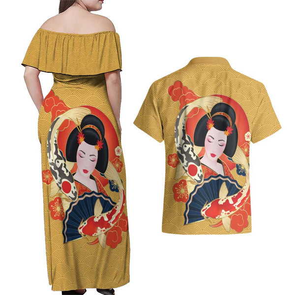 Japanese Geisha Koi Fish Couples Matching Off Shoulder Maxi Dress and ...