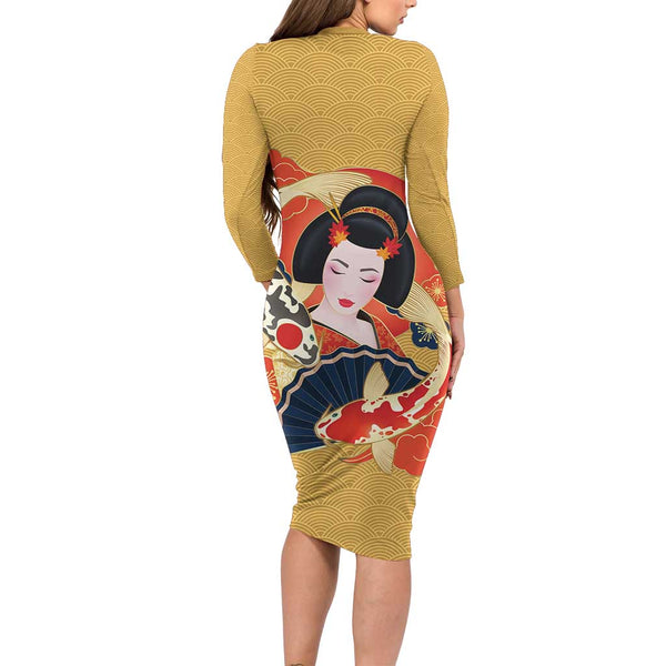 Japanese Geisha Koi Fish Long Sleeve Bodycon Dress Cherry Blossoms ...
