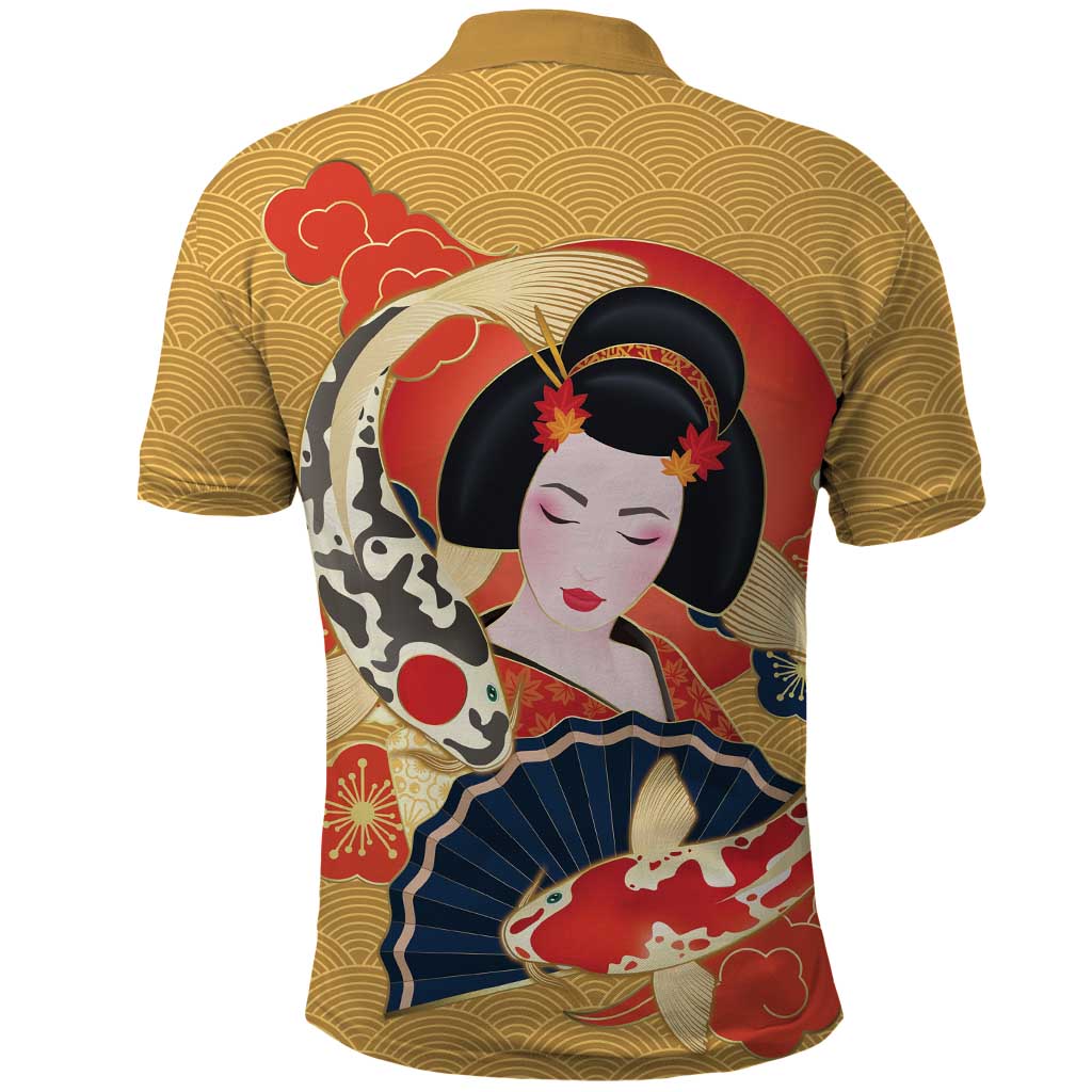 Japanese Geisha Koi Fish Polo Shirt Cherry Blossoms Yellow Seigaiha ...