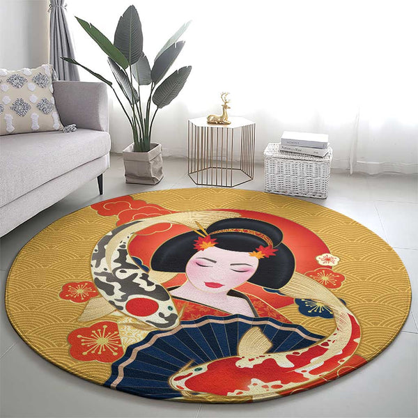 Japanese Geisha Koi Fish Round Carpet Cherry Blossoms Yellow Seigaiha ...