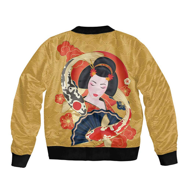 Japanese Geisha Koi Fish Sleeve Zip Bomber Jacket Cherry Blossoms ...