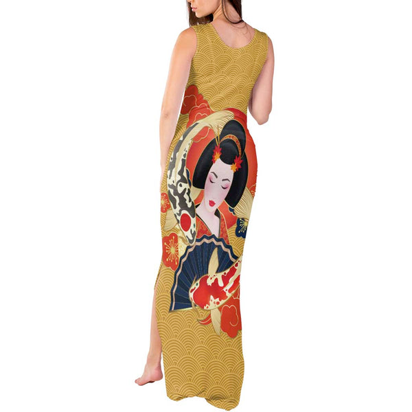 Japanese Geisha Koi Fish Tank Maxi Dress Cherry Blossoms Yellow ...