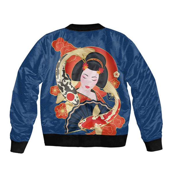 Japanese Geisha Koi Fish Bomber Jacket Cherry Blossoms Blue Seigaiha ...