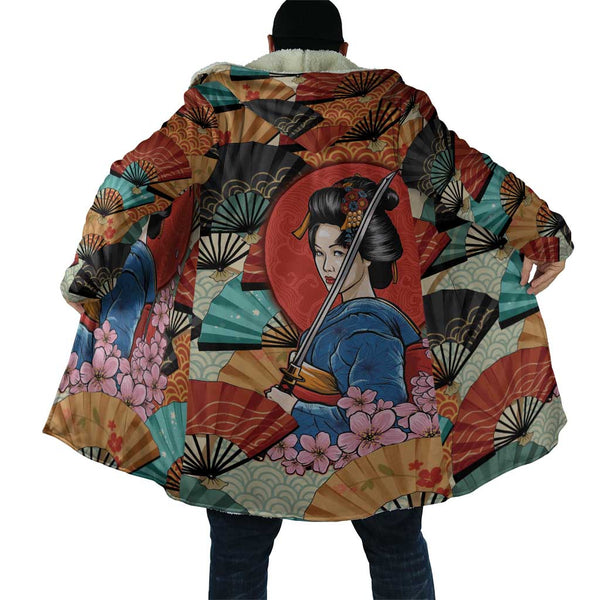 Japanese Geisha Katana Cloak Japan Sensu Seigaiha Pattern LT14