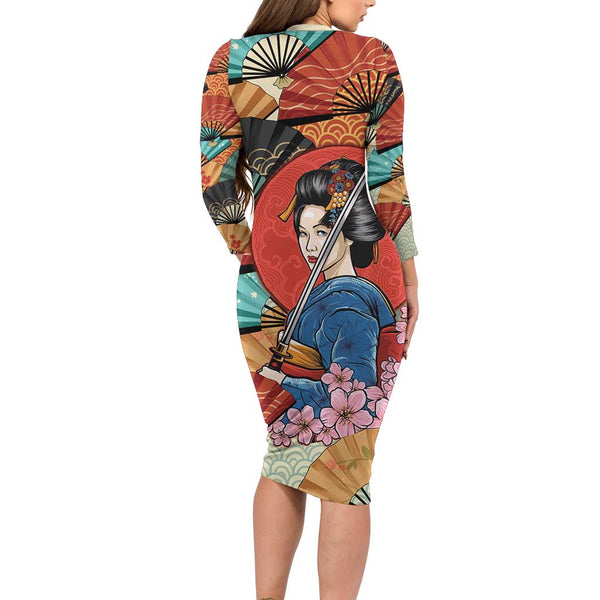 Japanese Geisha Katana Long Sleeve Bodycon Dress Japan Sensu Seigaiha ...
