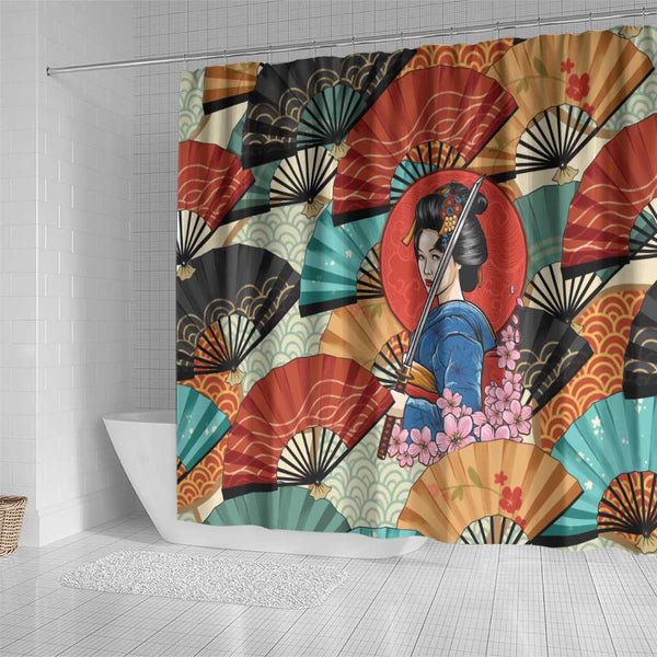 Japanese Geisha Katana Shower Curtain Japan Sensu Seigaiha Pattern LT14