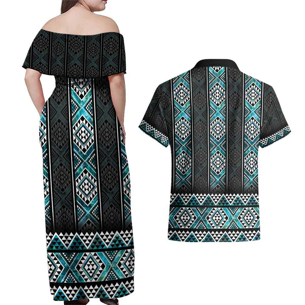 Paua Shell Taniko Pattern Aotearoa Couples Matching Off Shoulder Maxi ...