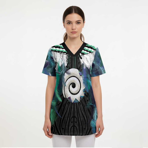 Aotearoa Korowai Motif Scrub Top Maori Koru Poutama LT14