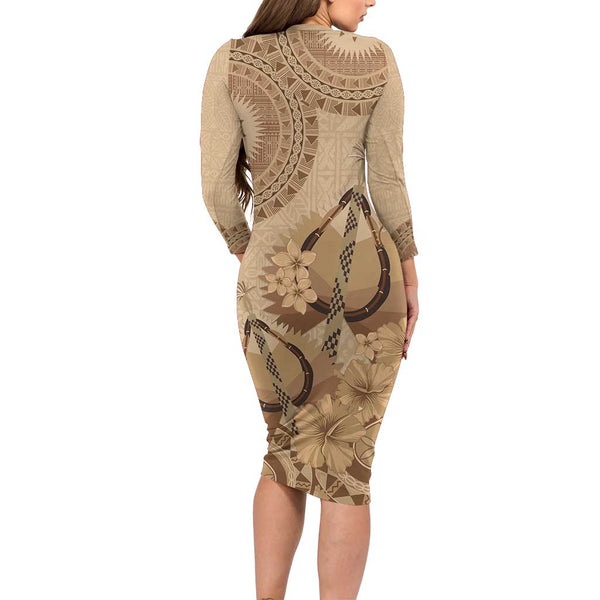 Brown Bula Fiji Long Sleeve Bodycon Dress Fijian Dance Fan Tapa Cloth ...