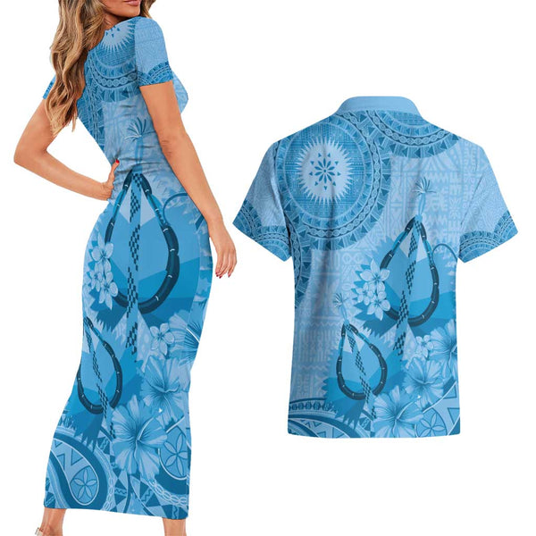 Blue Bula Fiji Couples Matching Short Sleeve Bodycon Dress and Hawaiian ...