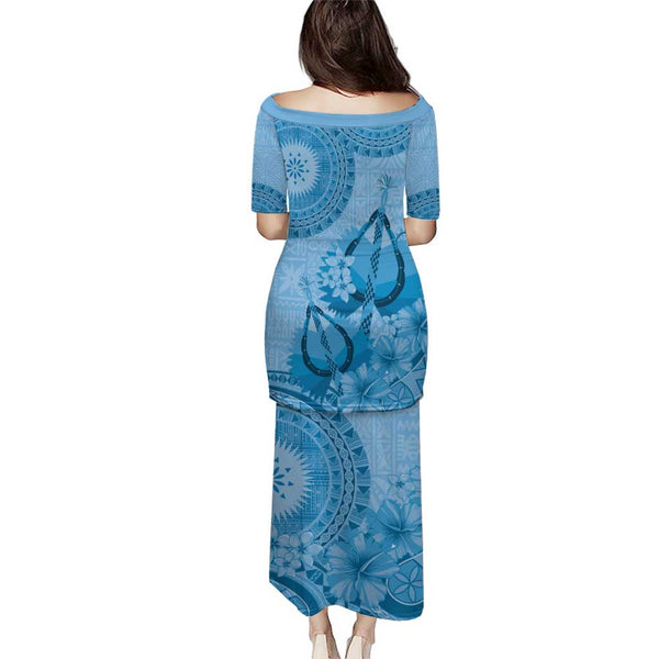 Blue Bula Fiji Puletasi Fijian Dance Fan Tapa Cloth Pattern LT14