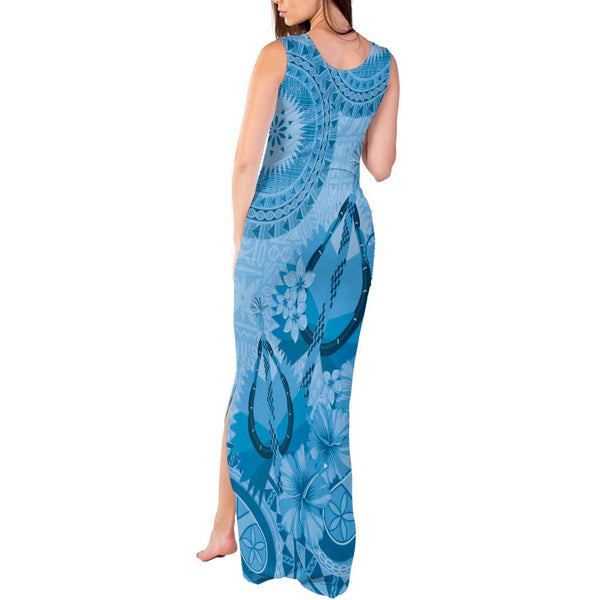Blue Bula Fiji Tank Maxi Dress Fijian Dance Fan Tapa Cloth Pattern LT14