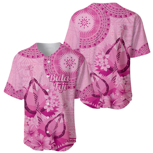 Pink Bula Fiji Baseball Jersey Fijian Dance Fan Tapa Cloth Pattern LT14