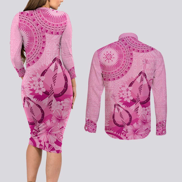 Pink Bula Fiji Couples Matching Long Sleeve Bodycon Dress and Long ...