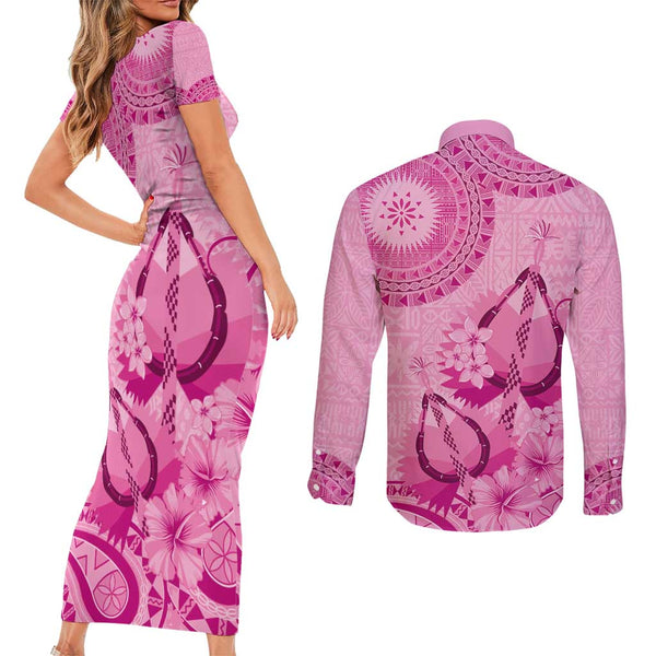 Pink Bula Fiji Couples Matching Short Sleeve Bodycon Dress and Long ...